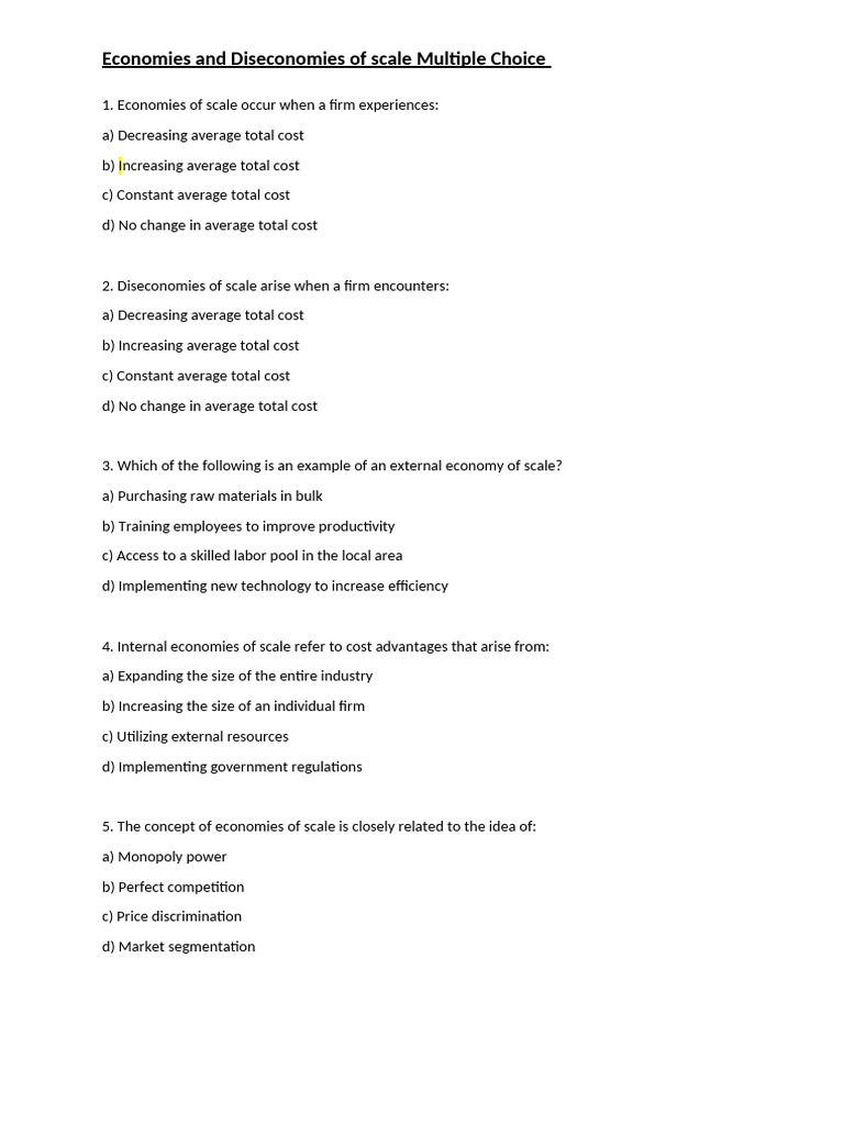 Economies and Diseconomies of Scale Multiple Choice | PDF | Economies ...