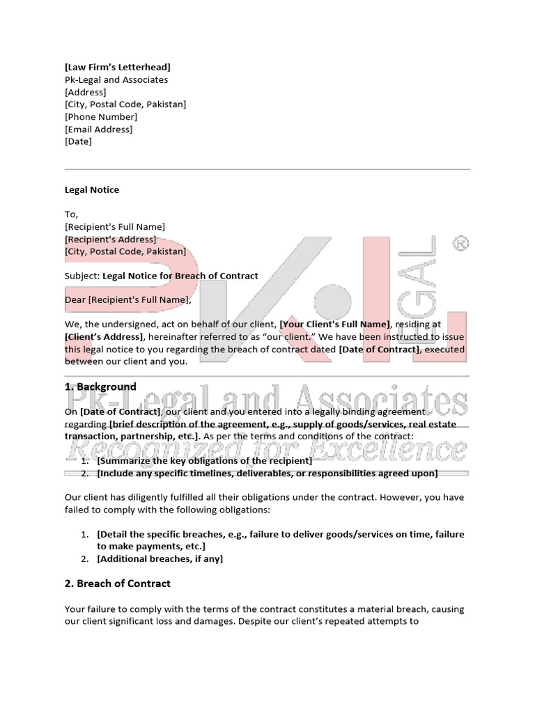 Legal Notice for Breach of Contract | PDF | Breach Of Contract | Legal ...