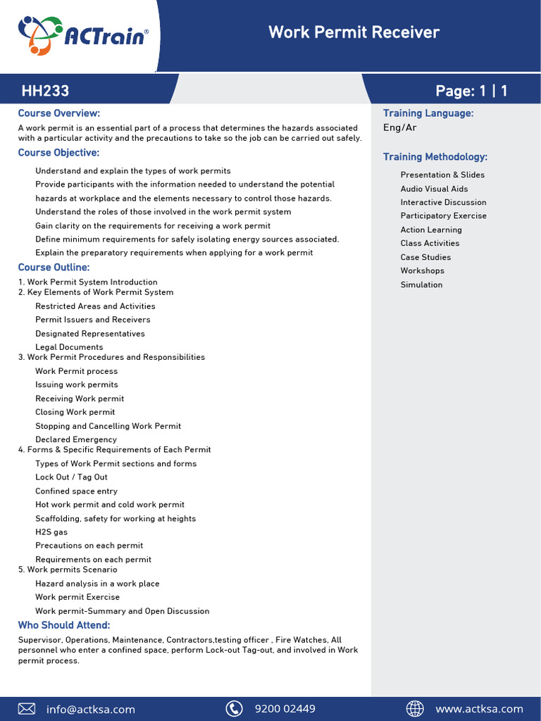 Work Permit Receiver Training Overview | PDF | Occupational Safety And ...