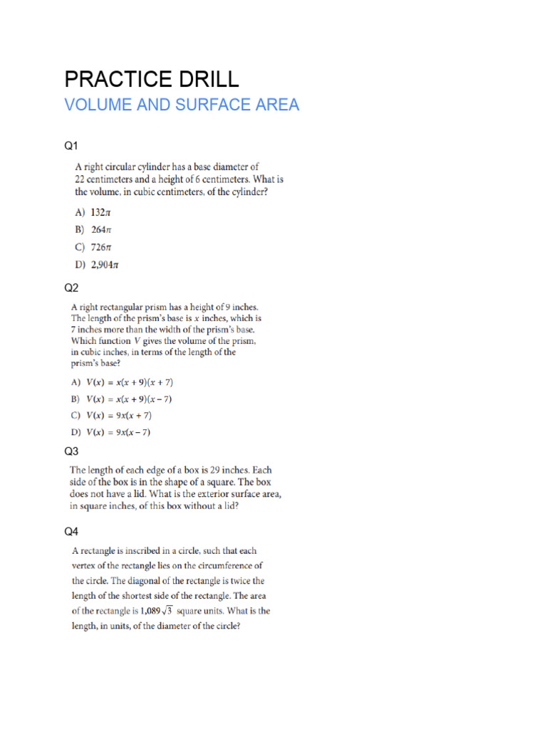 Practice Drill-Volume and Surface Area | PDF