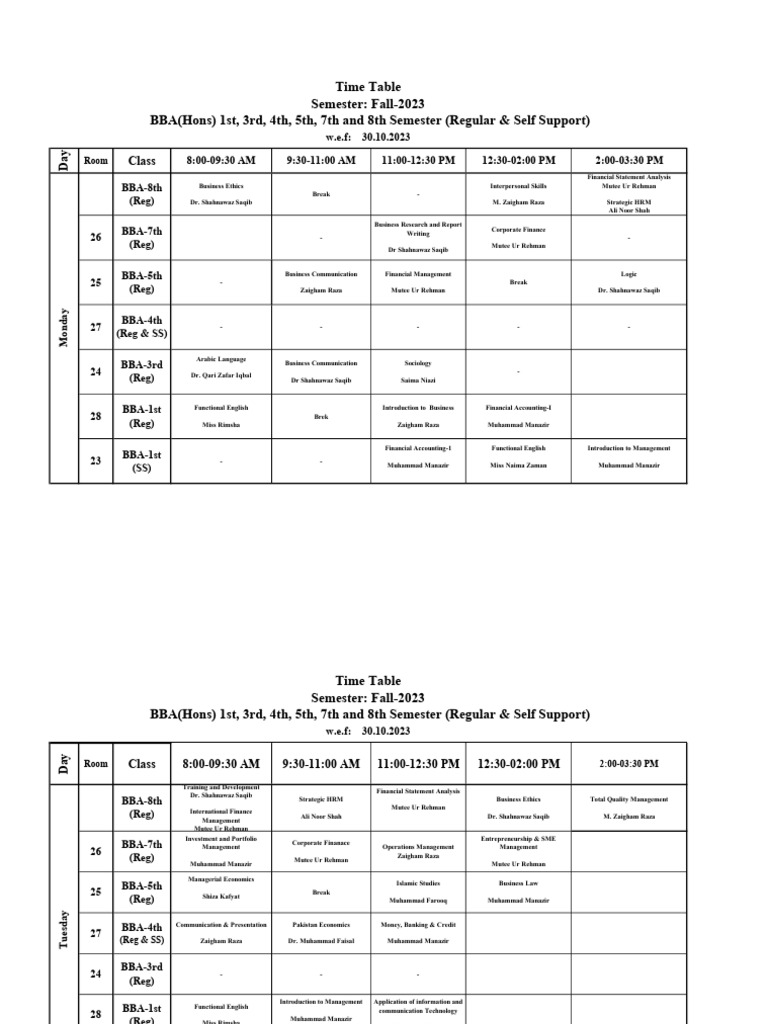 Revised Consolidated Time Table DBA | PDF | Muhammad Zia Ul Haq | Business