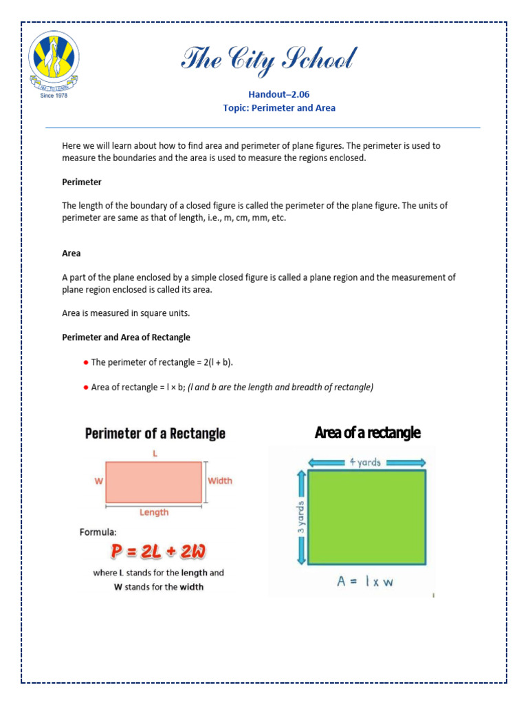 Junior V Handout 2.06 - Perimeter and Area | PDF