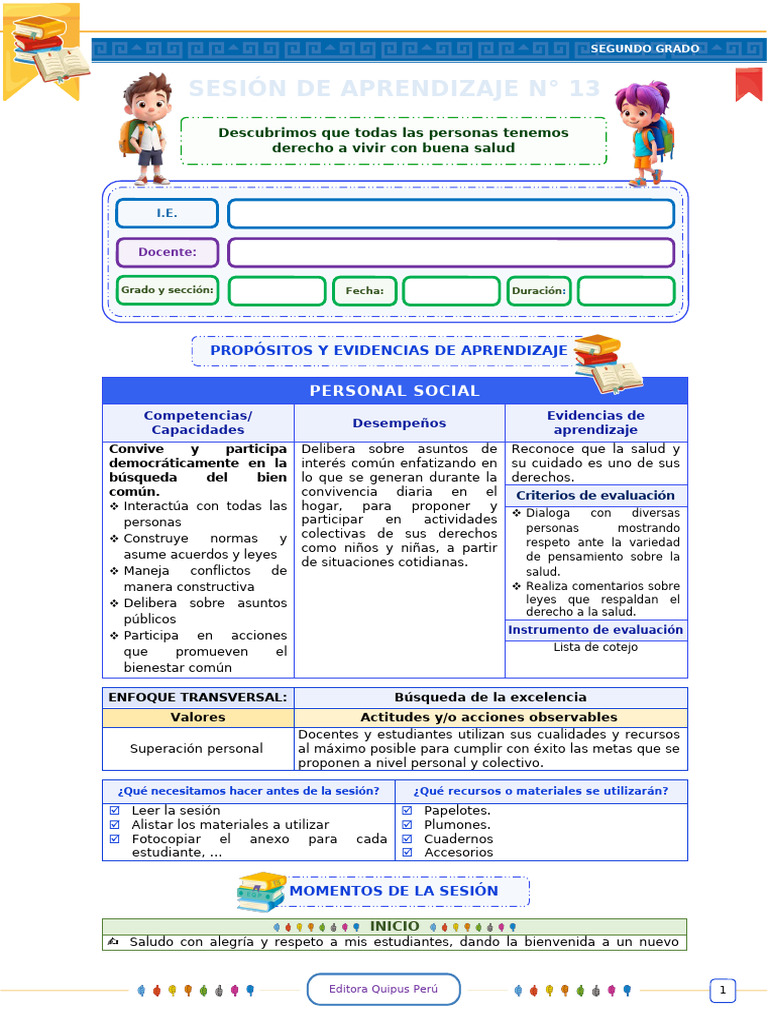 Sesiones de Aprendizaje - Semana 2 - UDA II - Editora Quipus Perú | PDF | Lavado de manos ...