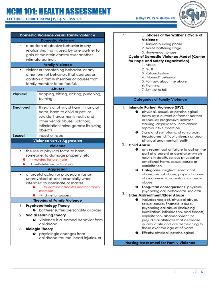 NCM 101-Health Assessment-Violence, Nutrition | PDF | Domestic Violence | Violence