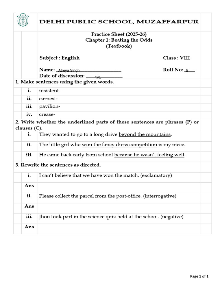 Practice Sheet Class VIII Le 1 Beating The Odds | PDF