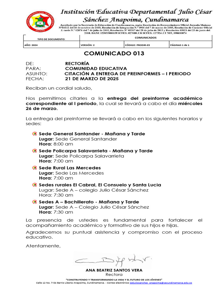 Formato 03 Comunicados 13 Citación A Entrega de Preinformes - I Periodo | PDF