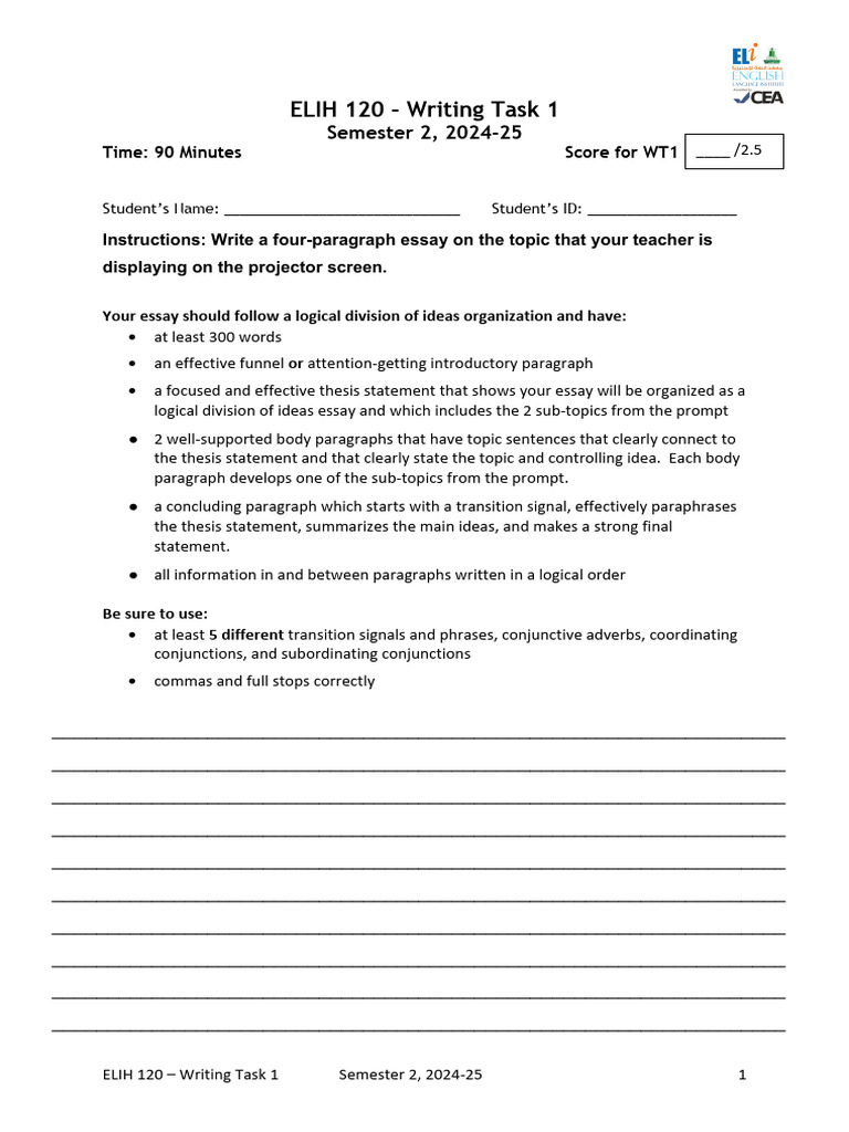 ELIH 120 Writing Task 1 - Student Sheet - UPDATED | PDF | Language ...
