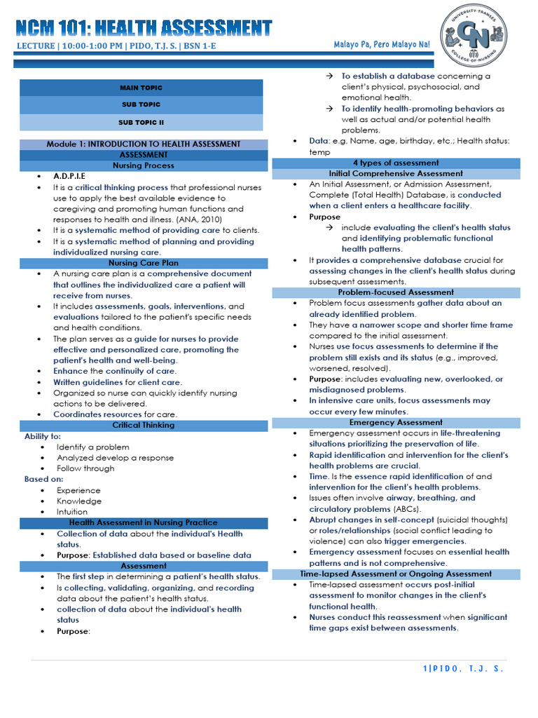NCM 101-Health Assessment-Pido, T.j.-1-E-Prelims | PDF | Medical ...