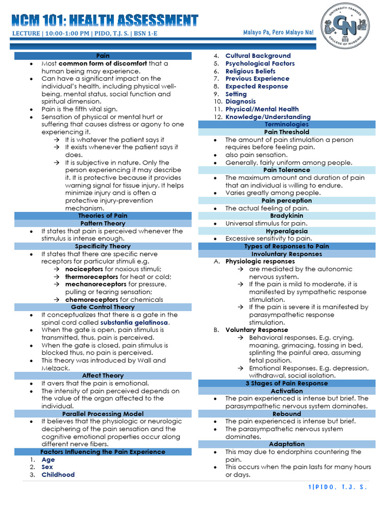 NCM 101-HEALTH ASSESSMENT, T.J.-1-E-Pain | PDF | Pain | Stimulus ...