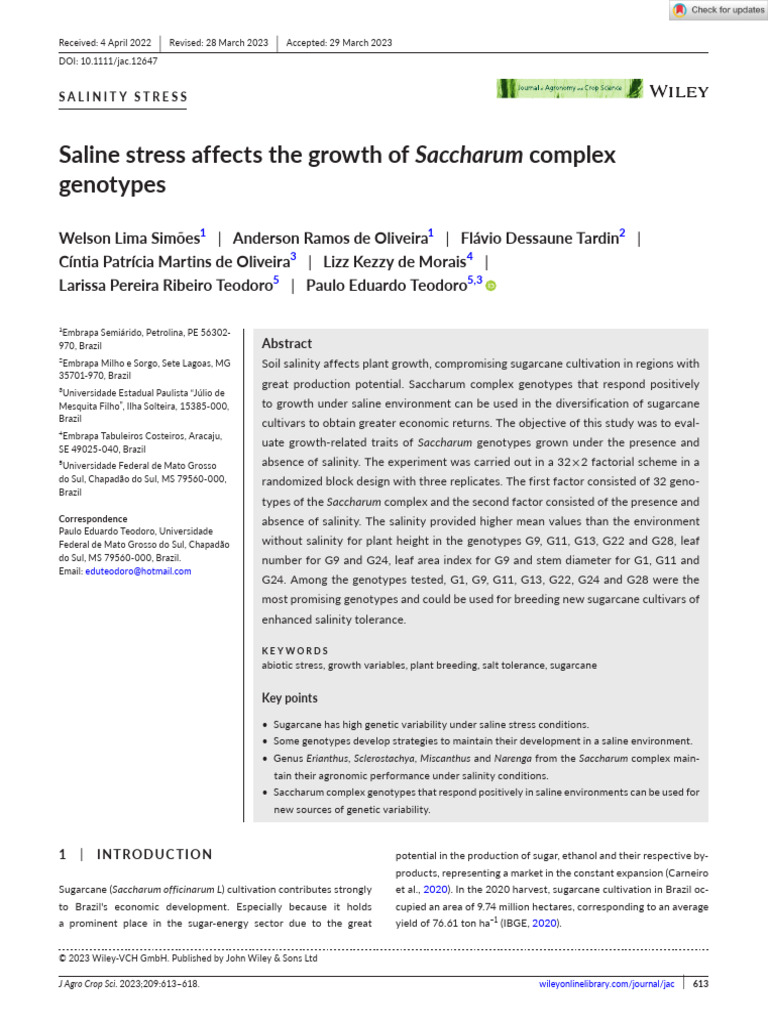 Saline Stress Affects The Growth of Saccharum Complex Genotypes 2023 ...