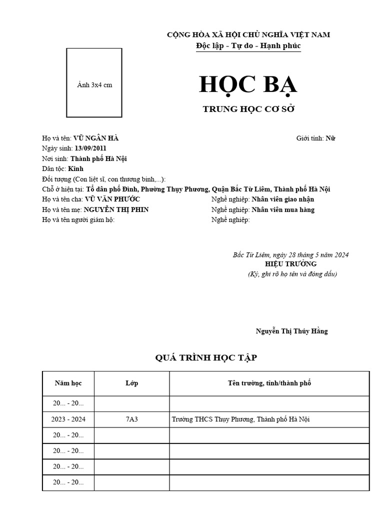 Hoc Ba 21 Vunganha Namhoc 20232024 | PDF