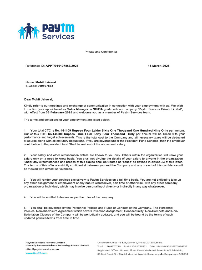 Appointment Letter Mohit Jaiswal | PDF | Employment | Business