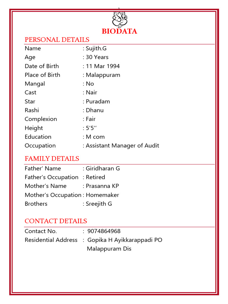 Marriage-Biodata Sujith (1) | PDF