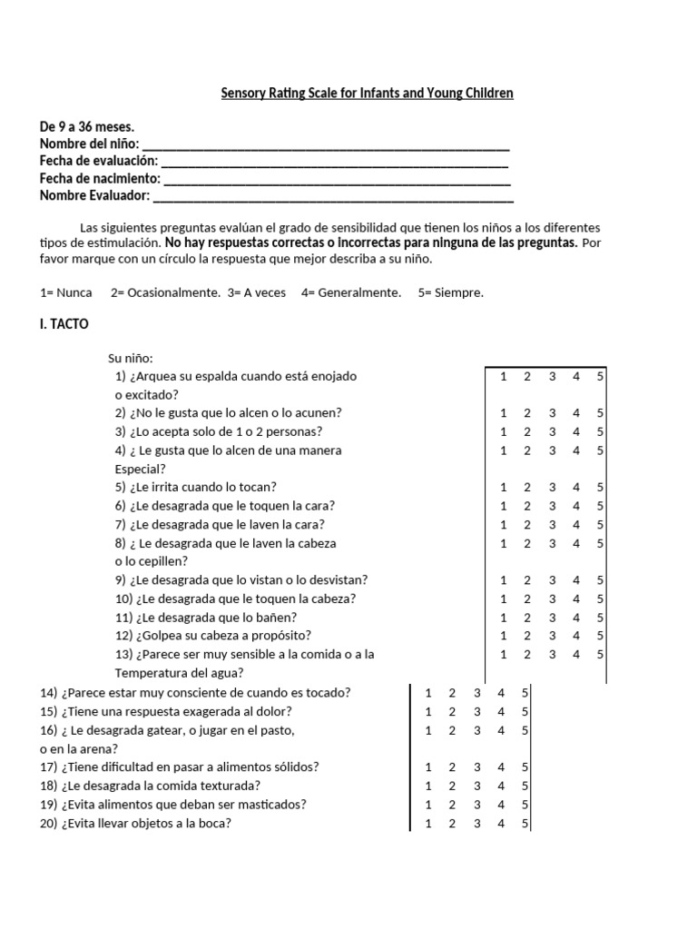 Sensory Rating Scale For Infants and Young Children | PDF