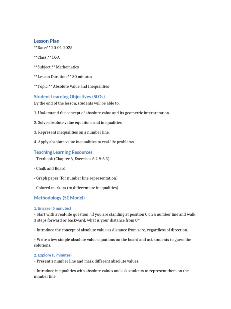 Grade 9 Lesson Plan Absolute Value | PDF