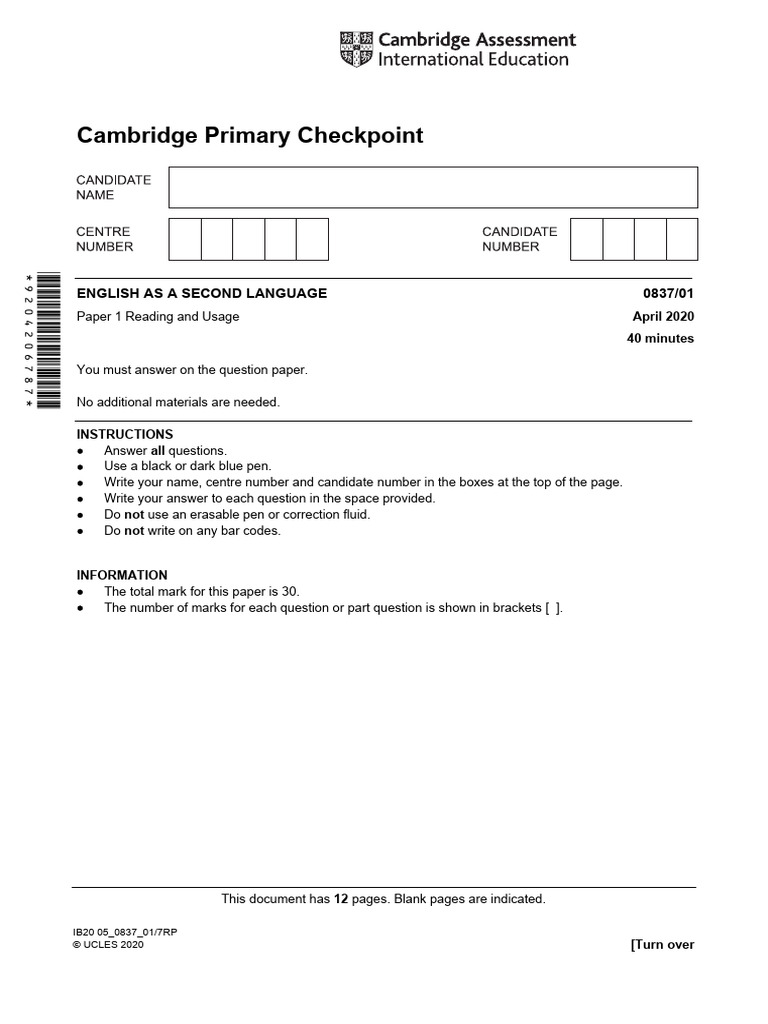 Cambridge Primary Checkpoint - English As A Second Language (0837 ...