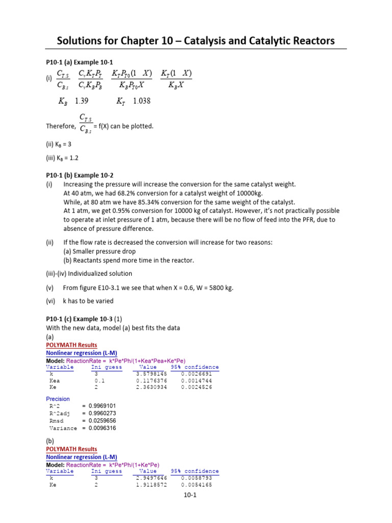 반응공학 솔루션 Ch.10 | PDF | Regression Analysis | Catalysis