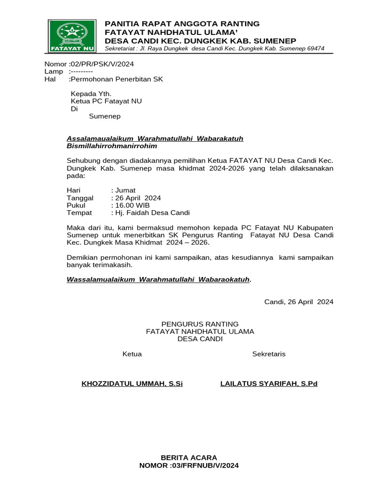 Permohonan SK Fatayat Nu Candi 2024 | PDF