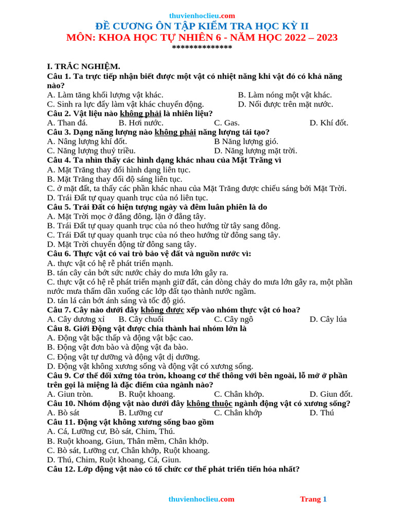 De Cuong On Tap KHTN 6 HK2 Nam 22 23 | PDF