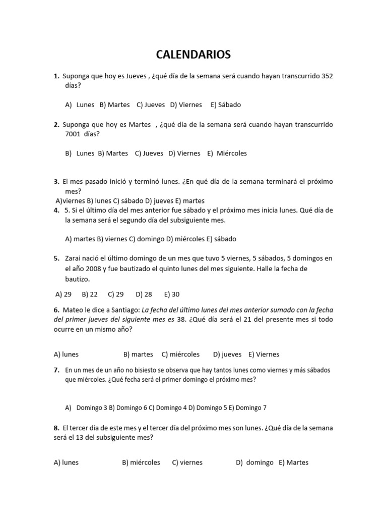 Días de la semana y fechas clave | PDF | Calendario | Matemáticas