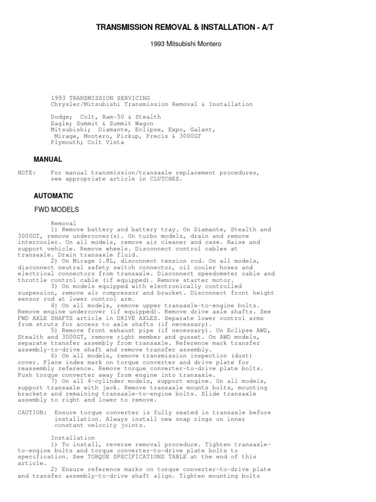 Transmission Removal Guide for 1993 Models | PDF | Motor Vehicle ...