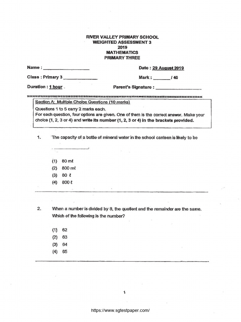 P3 Maths CA2 2019 River Valley Exam Papers | PDF