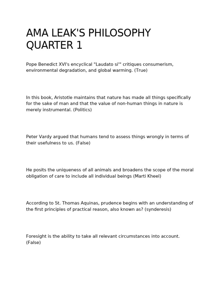 Ama Leak's Philosophy Quarter 1 | PDF | Prudence | Environmental Ethics
