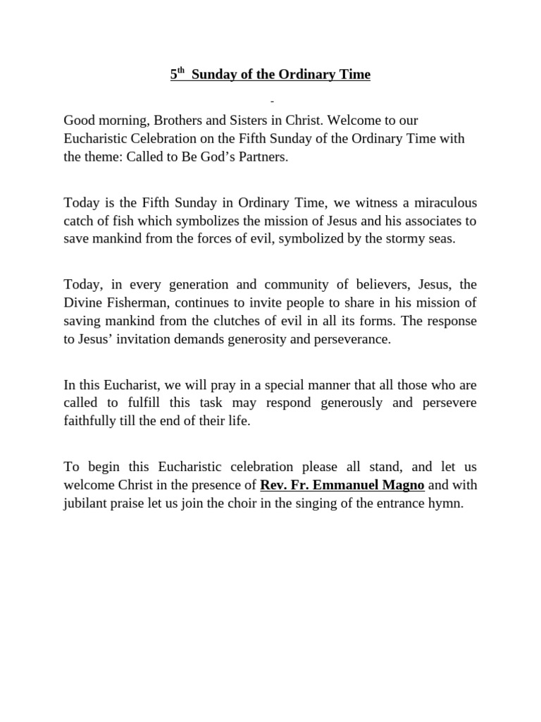 5th Sunday of The Ordinary Time | PDF | Jesus | Eucharist