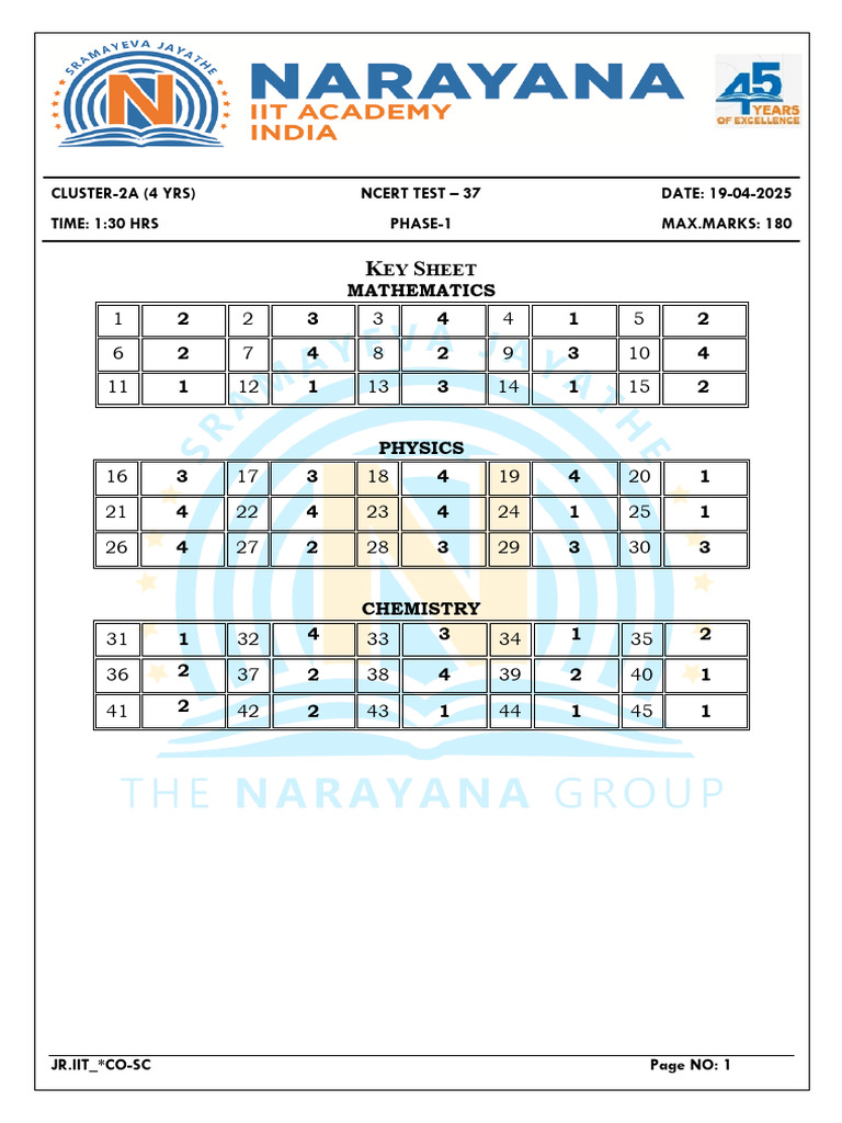 19-04-25 - Cluster-2 - 4yrs - Phase-I - Ncert Test-37 - Key & Sol | PDF ...