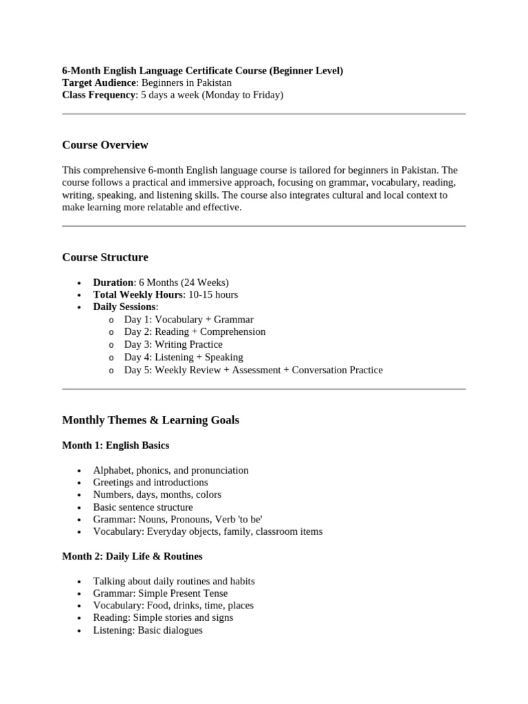 6-Month English Course for Beginners | PDF | English Language ...