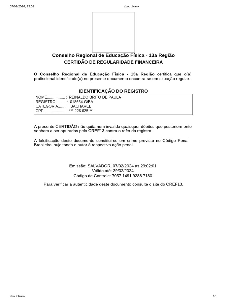 Certidão de Veracidade Cref | PDF