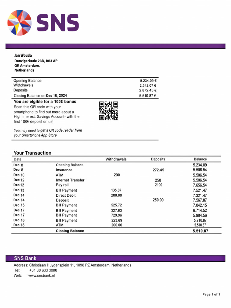 SNS Statement JW18722 | PDF
