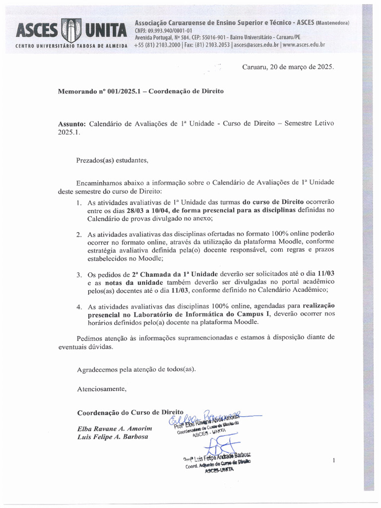 Memorando nº 001 2025.1 - Coord. Direito | PDF