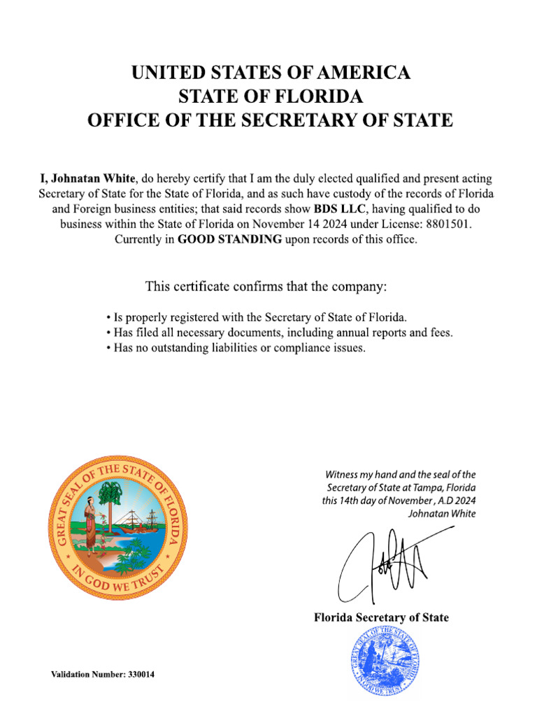 Florida SEAL Certificate Approvement 330014 | PDF