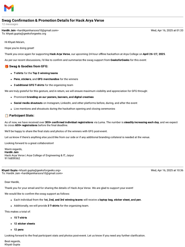 Gmail - Swag Confirmation & Promotion Details For Hack Arya Verse | PDF