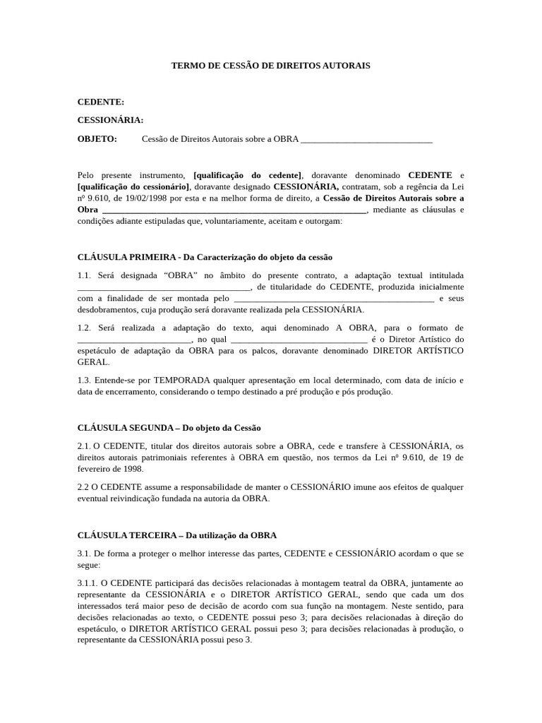 Termo De Cessão De Direitos Autorais Pdf Direitos Autorais