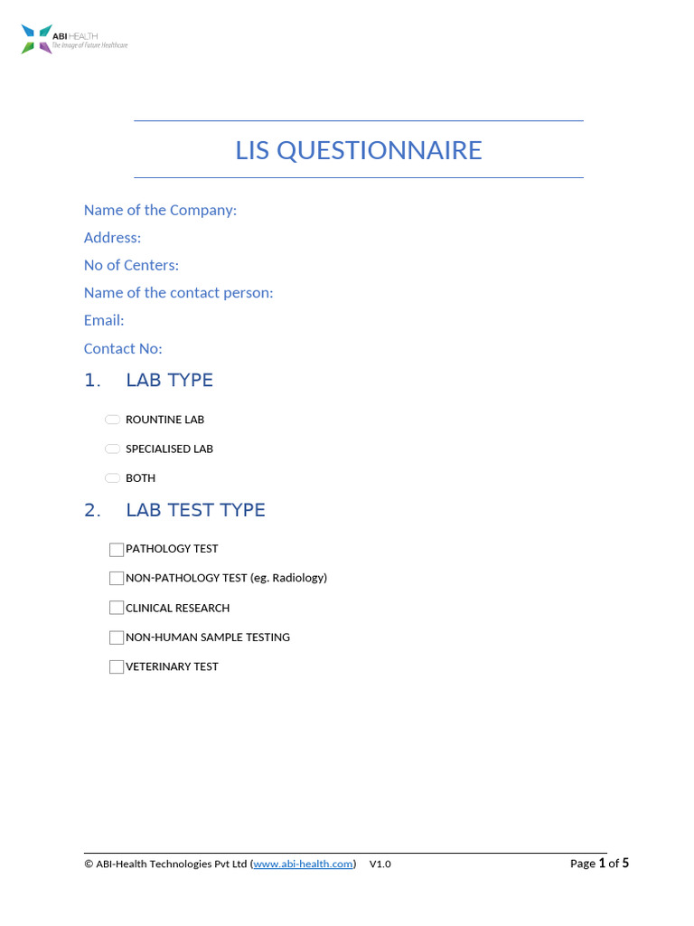ABI-Health LIMS Questionnaire V1 - 0 | PDF | Pathology | Software