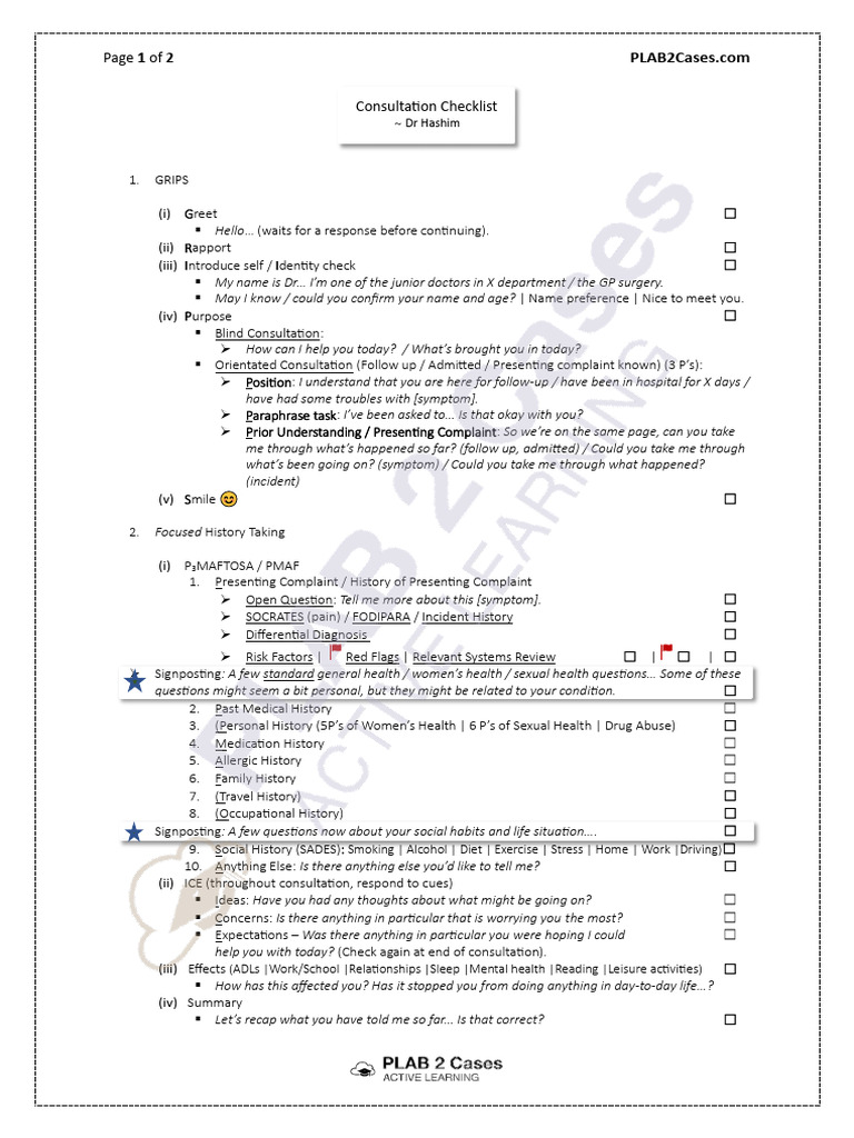 PLAB2Cases Consultation Checklist | PDF | Human Diseases And Disorders ...