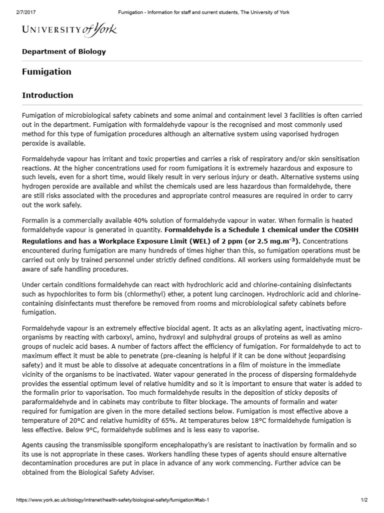 Fumigation Safety Guidelines at York | PDF | Formaldehyde | Hydrogen ...