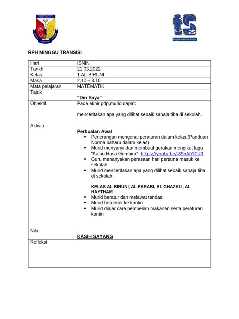 RPH Minggu Transisi - Isnin - 21mac2022 - Biruni | PDF