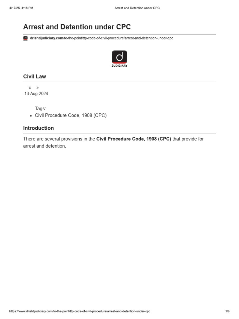 Civil Arrest and Detention in CPC | PDF | Detention (Imprisonment) | Arrest