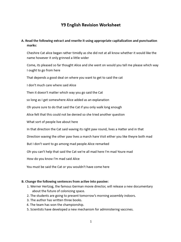 Y9 English Revision Worksheet | PDF