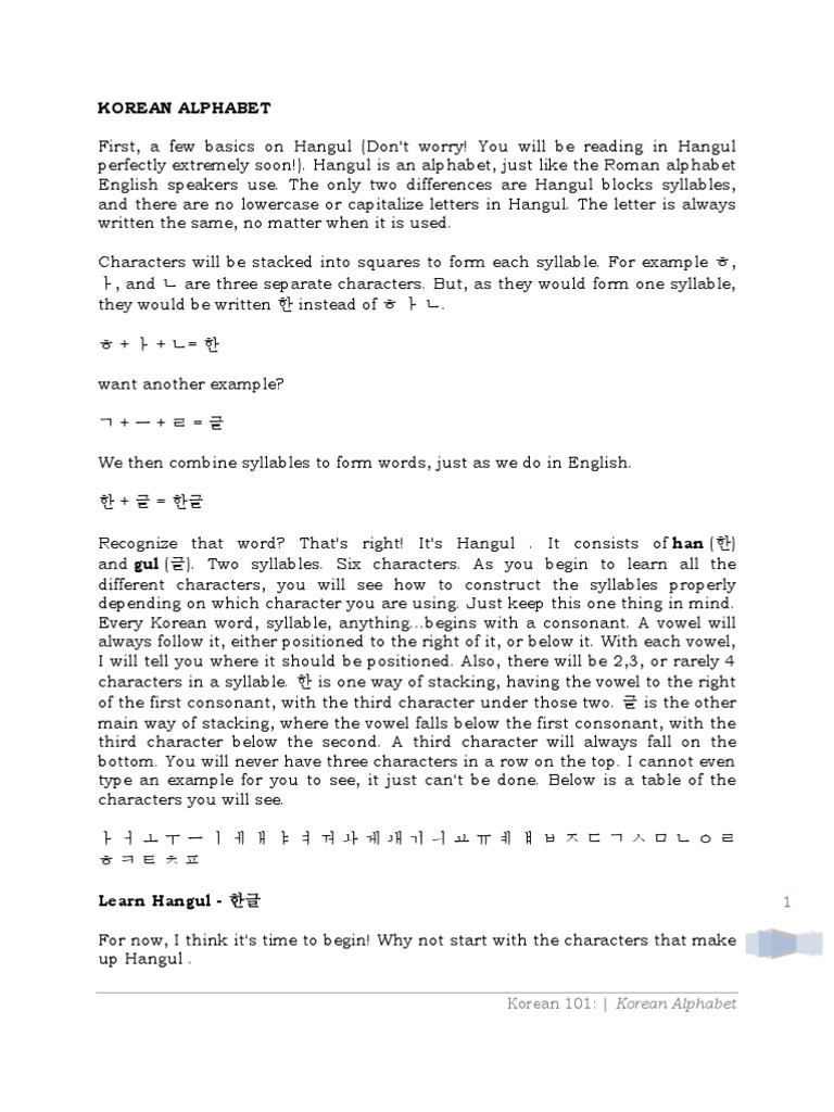 Korean Alphabet Basics: Hangul 101 | PDF | Consonant | Korean Language