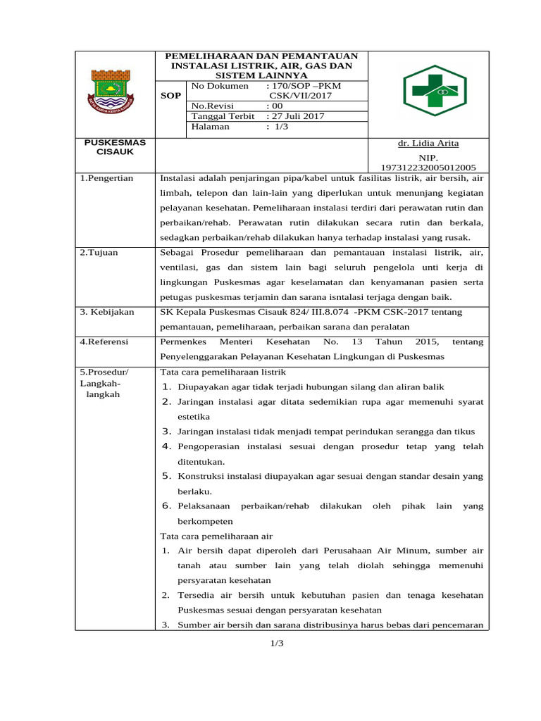 8.5.1. ep2 SOP Pemeliharaan dan pemantauan instalasi listrik, air, ventilasi, gas dan sistem ...
