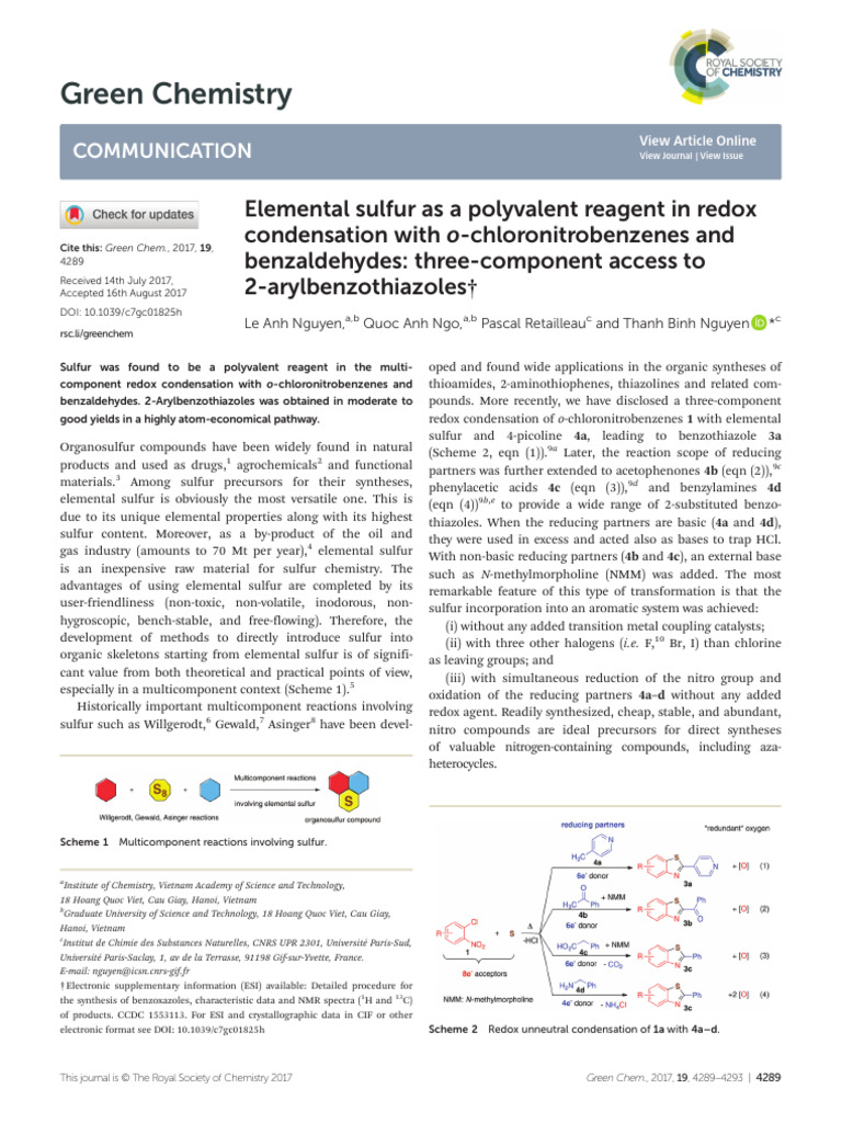 Elemental sulfur as a polyvalent reagent in redox | PDF | Chemical ...