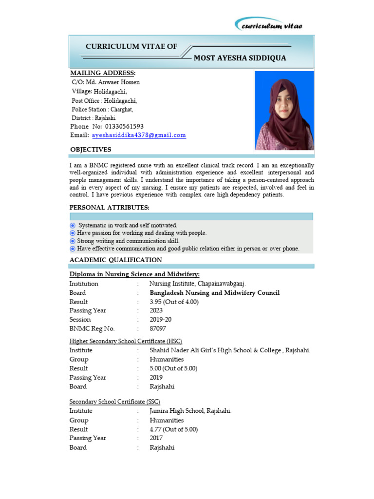Aysha Joypur Cv-2 | PDF | Hospital | Nursing