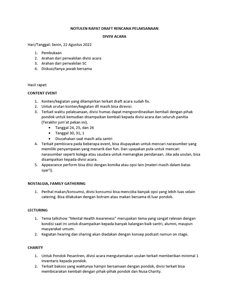 NOTULEN RAPAT DRAFT RENCANA PELAKSANAAN | PDF