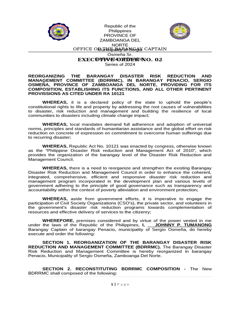 Executive Order No. 2-2024 (BDRRMC) | PDF | Emergency Evacuation ...
