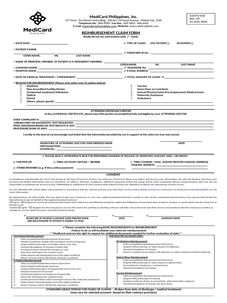 CLR FO 010 Rev. 03 Reimbursement Claim Form - New - Eff2024.08.01 | PDF ...