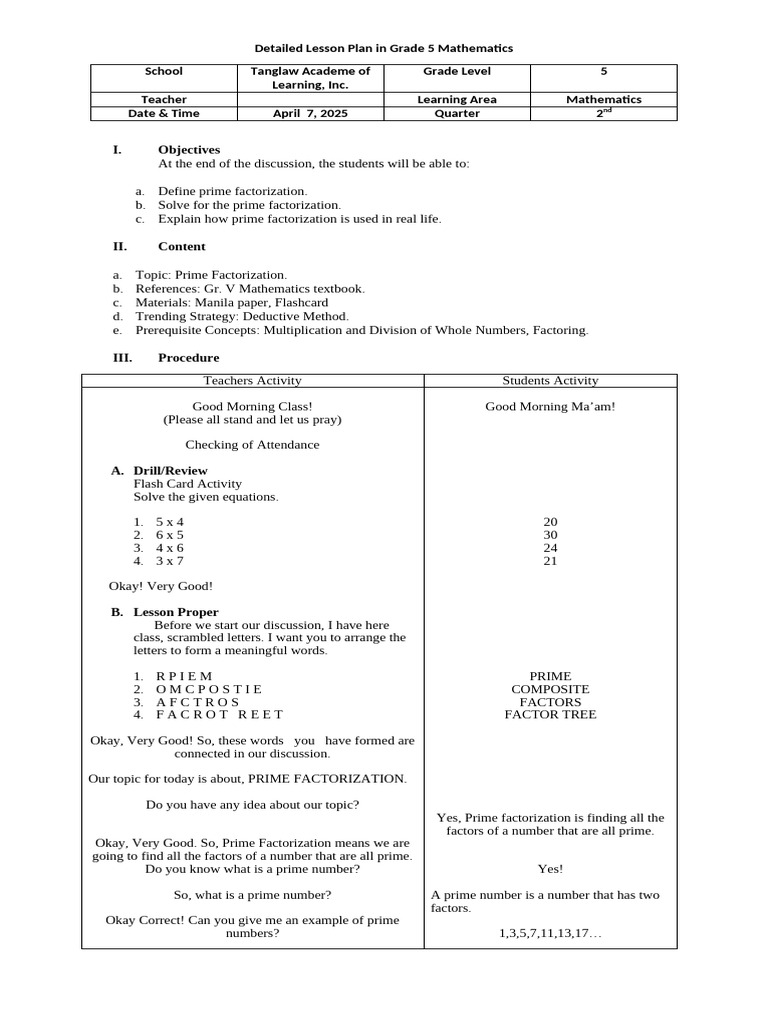 Detailed Lesson Plan in Grade 5 Mathematics | PDF | Prime Number ...